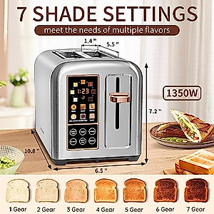 SEEDEEM 2 Slice Toaster, Stainless Steel Bread Toaster with Touch LCD Display, 1.4'' Extra Wide Slots Toaster with 4 Basic+More Timer Functions, Removable Crumb Tray, 1350W, Silver Metallic