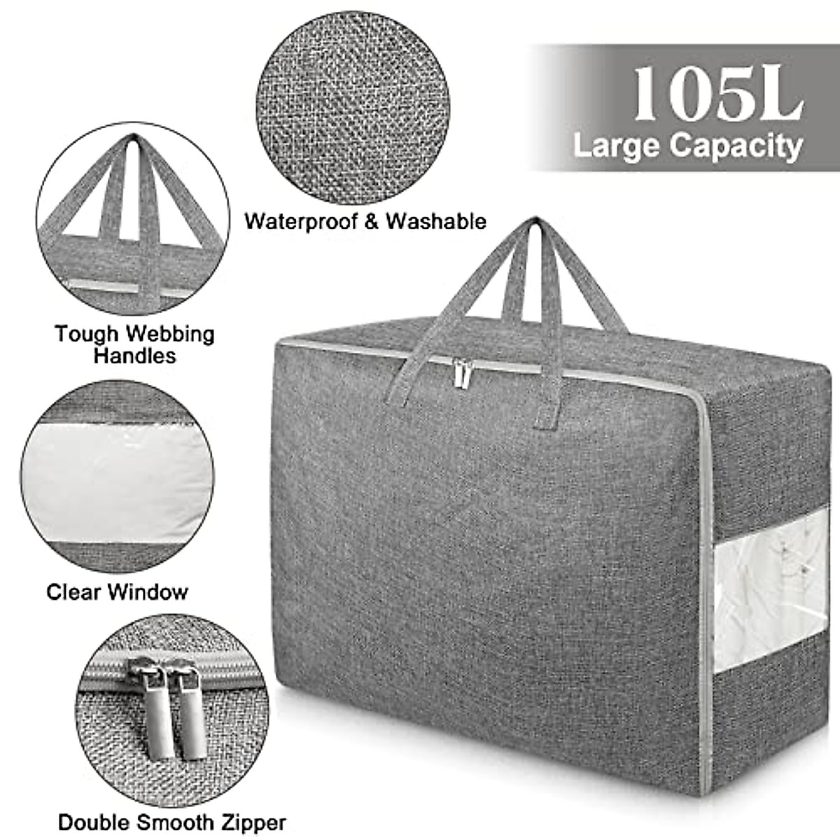 2Pack 105L Extra Large Storage Bags, Folding Moving Comforter Blanket Storage Bags Closet Organizers and Storage Containers for Clothes with Strong Handles&Zippers Clear Window for Bedding Pillow Grey