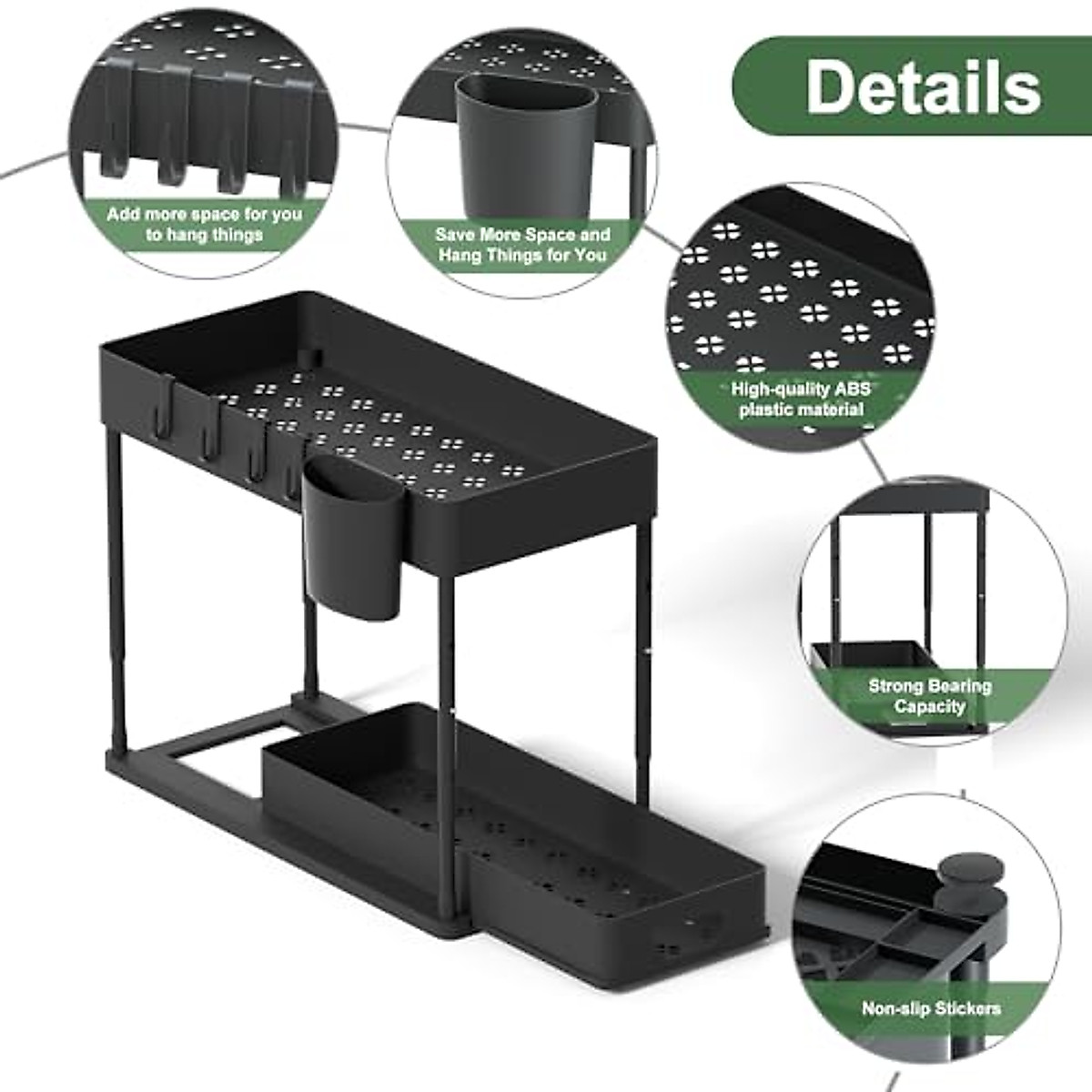 seasky Under Sink Organizers and Storage 2 Pack, 2 Tier Adjustable Height Sliding Bathroom Organizer, Kitchen Organizer Multipurpose Under Sink Cabinet Storage with 8 Hooks and 2 Hanging Cup