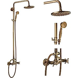 gotonovo Antique Brass Bathroom Shower Faucet Set Shower Fixture 8 Inch Rainfall Shower Head Handheld Shower Cross Handle