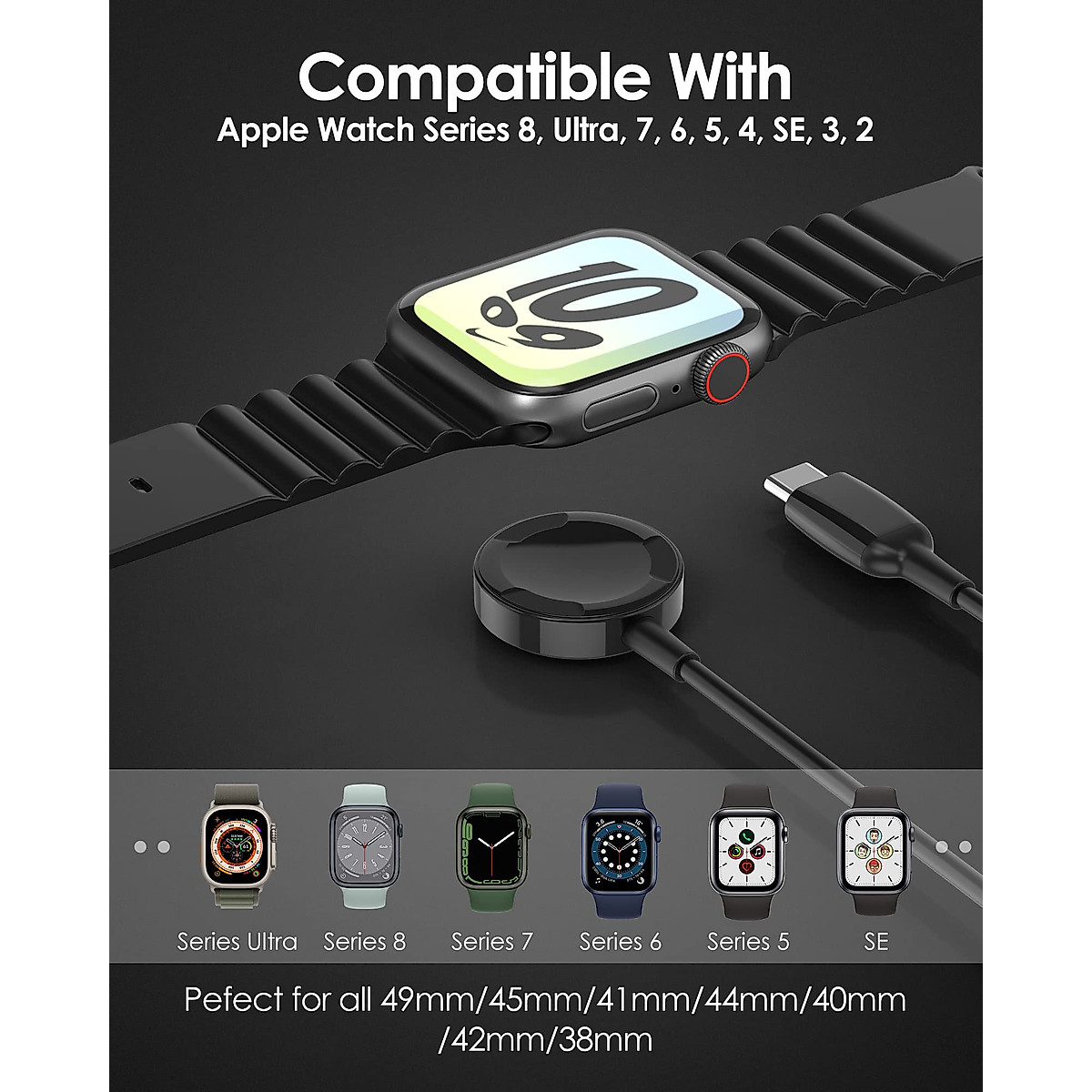 2-Pack Watch Charger Compatible with Apple Watch Charger, USB-C Portable Fast Magnetic Wireless Charging Cable Compatible for iWatch Series Ultra 8 7 6 5 4 3 2 1 SE SE2,Black