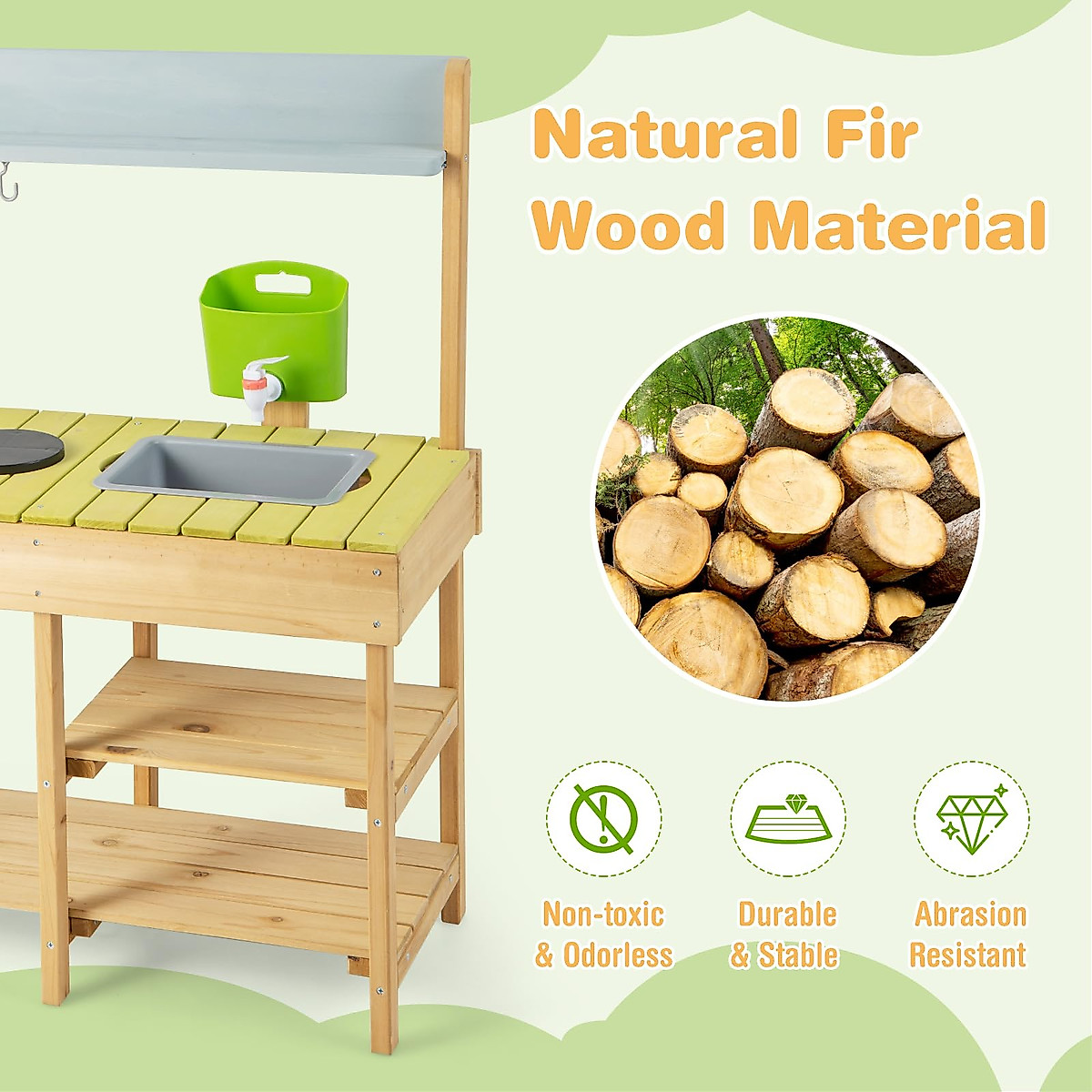 HONEY JOY Mud Kitchen, Fir Wooden Mud Table Play Kitchen for Toddlers, Running Water, Removable Sink, Kids Outdoor Kitchen Playset, Mud Kitchen for Kids Outdoor, Gift for Boys Girls
