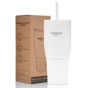 WOOVO 30 oz Tumbler with Lid and Straw - Insulated Double Wall Stainless Steel Water Bottle with SIlicone Boot - BPA Free Dishwasher Safe Tumbler, Reusable 30oz Travel Cup Stay Hot Cold - White