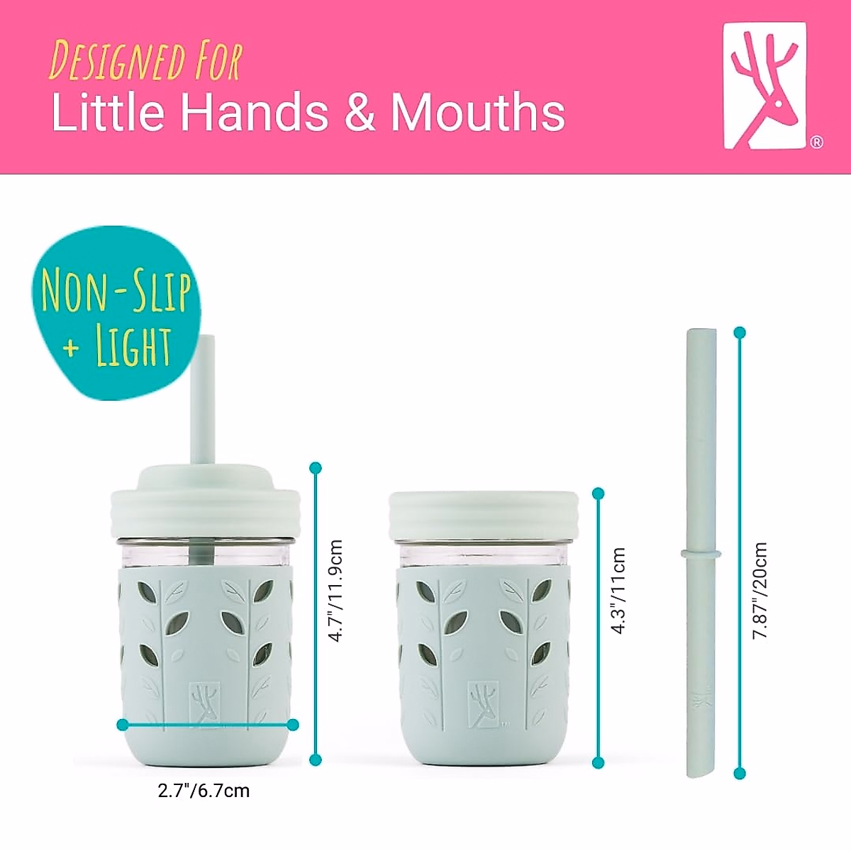 Elk and Friends Kids & Toddler Cups | The Original Glass Mason jars 8 oz with Silicone Sleeves & Silicone Straws with Stoppers | Smoothie Cups | Spill Proof Sippy Cups for Toddlers