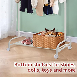 YGJT Kids Clothing Rack, Baby Clothes Rack for Hanging Clothes with Wheels and Bottom Storage Shelf, Small Toddler Garment Rack Kids Dress Up Storage Rack for Coats, Skirts, Dance Costume(White)