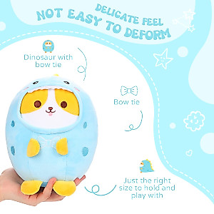 AIXINI Cute Corgi Dinosaur Plush Pillow 8" Shiba Inu Dino Stuffed Animal, Soft Kawaii Corgi Plushie with Blue Dinosaur Outfit Costume Gift for Kids