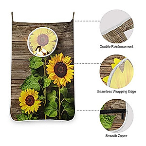 Sunflowers Wooden Board Door Hanging Laundry Hamper Bag Vintage Flowers Space Saving Wall Large Laundry Basket Storage Dirty Clothes Bags with Bottom Zippers Hooks For Bathroom Bedroom 1 Pcs