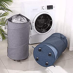 Viviphanhy Collapsible Laundry Baskets Dorm Pop Up Laundry Hamper Oxford Cloth Cylinder With Wheels Handles (Blue)