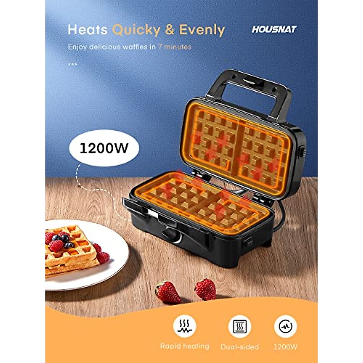 HOUSNAT 3 in 1 Sandwich Maker, Waffle Maker with Removable Plates, 1200W Panini Press with Interchangeable Non-Stick Plates, Indicator Lights, 5-gear Temperature Control, Silver/Black