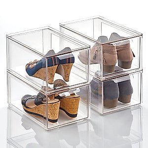 mDesign Plastic Stackable Closet Storage Organizer Bins with Pull Out Drawer for Cabinet, Desk, Shelf, Cupboard, or Dresser Organization - Lumiere Collection - 4 Pack - Clear