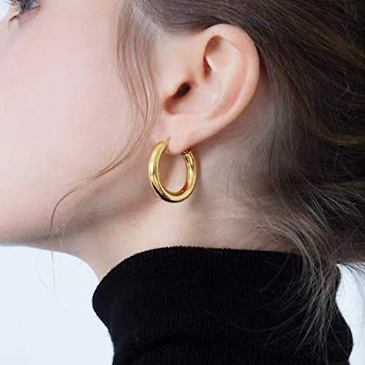 sovesi Chunky Hoop Earrings for Women with 925 Sterling Silver Post, 14K Gold Plated Thick Hoops, 30mm