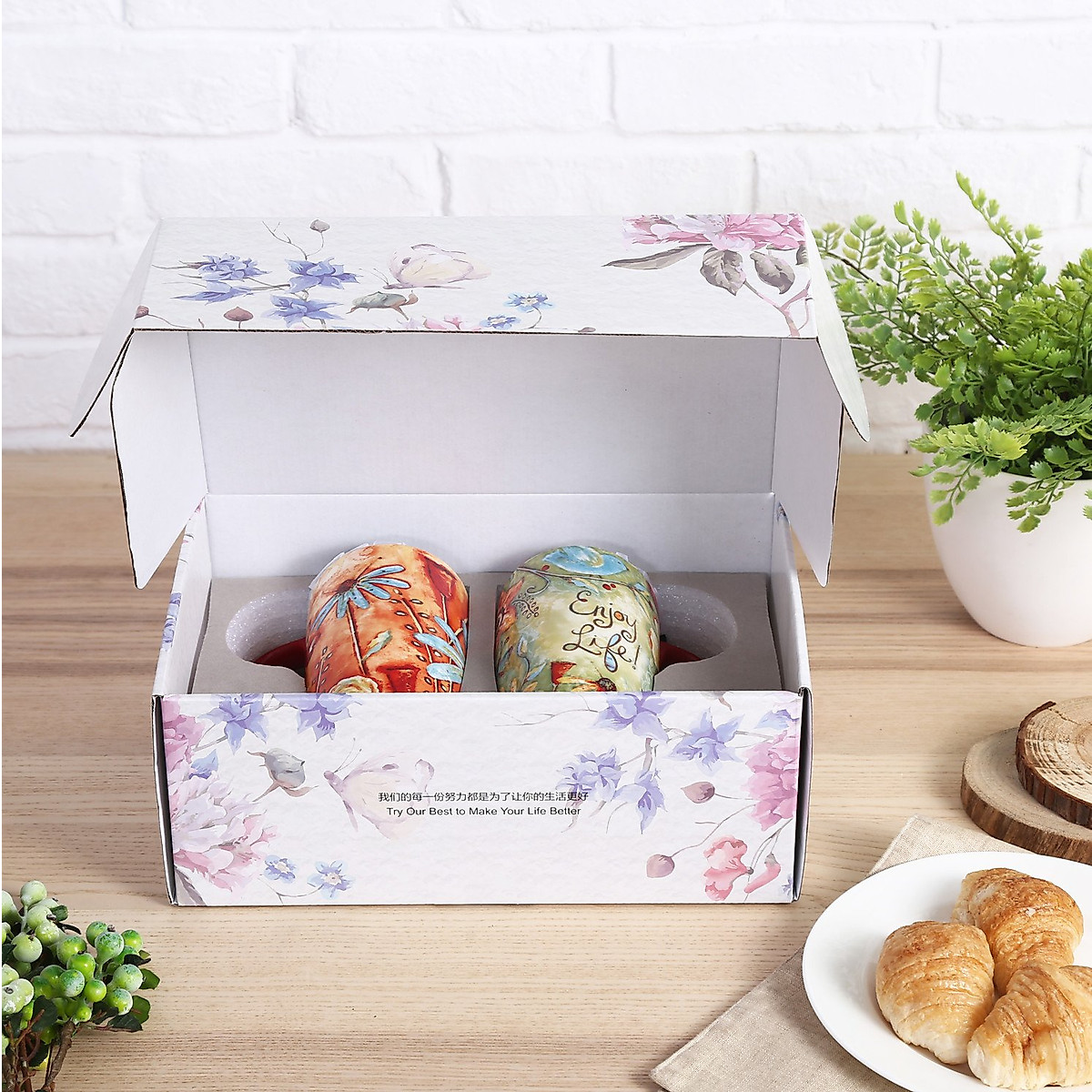 CEDAR HOME Travel Coffee Ceramic Mug Porcelain Latte Tea Cup With Lid in Box 17oz., Flower Enjoy Life, 2 Pack