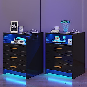 HNEBC High Gloss Nightstands Set of 2 with Wireless Charging Station, LED Night Stand with Human Body Induction, Smart Bedside Tables with 3 Drawers/20 Color Modes,USB,Type-C Ports (Black)