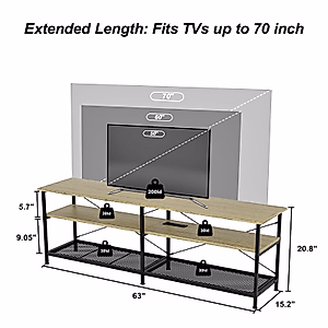 LAZEYARD TV Stand for 60 65 70 Inch TV, Long 63" Entertainment Center TV Console, TV Table with 3-Tier Open Storage Shelves, Industrial TV Cabinet with Metal Frame for Living Room