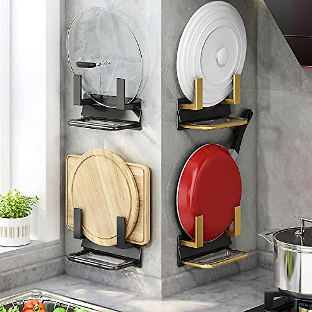 eyesfon Pot Lid Organizer Rack for Cabinet Door/Wall, Hole-free Wall-mounted Pot Lid Holder, Thickened Sturdy Space Aluminum (Black)