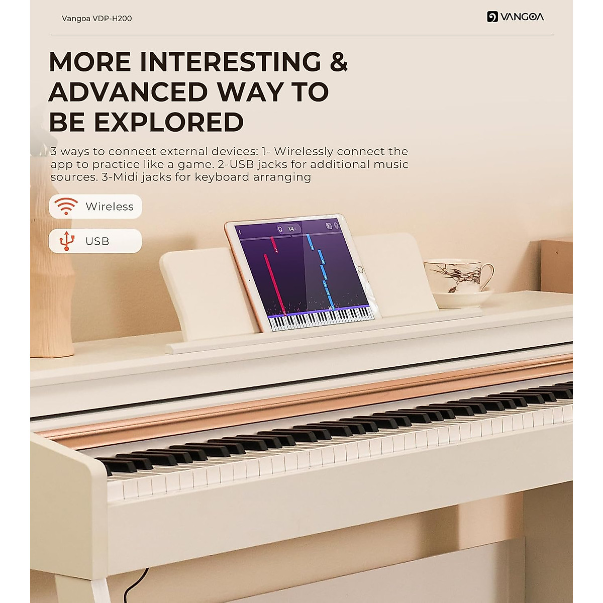 Vangoa Digital Piano 88 Keys Weighted Hammer Action White Home Digital Piano Bundle for Beginner Professional Adult with Wooden Stand, Slide Key Cover, Three Pedals, Power Adapter