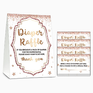 Diaper Raffle Baby Shower Game Set(1 Standing Sign + 50 Guessing Cards), A Little Princess Diaper Raffle Tickets for Baby Shower, Pink and Gold Baby Shower Party Favor Decor - B13