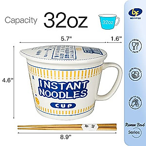 BF BEVYFOG Ramen Bowl Set with Chopsticks 32 OZ Large Ceramic Instant Ramen Noodle Bowls with Lid Gift Wrap Cute Japanese Soup Bowl with Handle, Microwave Safe (Blue)