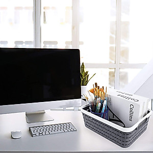 CertBuy 3 Pack Plastic Storage Baskets 11.3 x 8.7 x 4.3 Inch, Small Weave Storage Bins with Handle for Cabinet, Shelf, Kitchen, Bedroom, Bathroom and office – Dark Grey