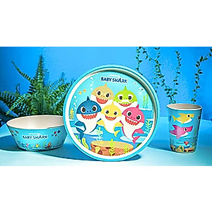 Zak Designs Baby Shark Dinnerware Set for Kids Includes 8" Plate, 6" Bowl, and 10oz Tumbler, Durable and Sustainable Melamine Bamboo Material (3-Piece Set)