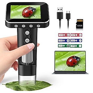 Kuaguozhe Handheld Digital Microscope with 900x Magnification, 2.4" LCD Screen, LED Light, Black Glass Body, USB Cable, 32GB SD Card and Sample Slides