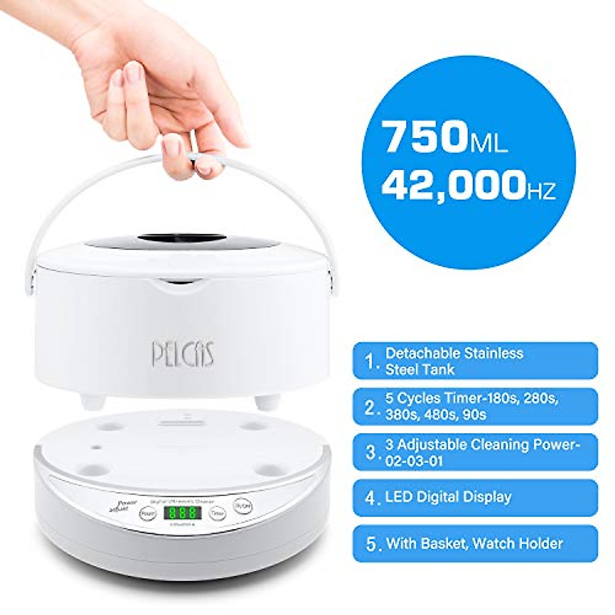 2022 Ultrasonic Cleaner 25 Oz (750ml) PELCAS Ultrasonic Jewelry Cleaner Machine with Detachable Tank 42000HZ Jewelry Cleaner with 5 Digital Timer Watch for Jewelry Necklaces Rings Metal Tools