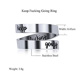 Yifnny Engraved Open Ring, Stainless Steel Adjustable Wrap Ring Inspirational Ring Engraved Keep Going Personality Encouragement Gifts Ring for Women Men (Keep Going-Silver)