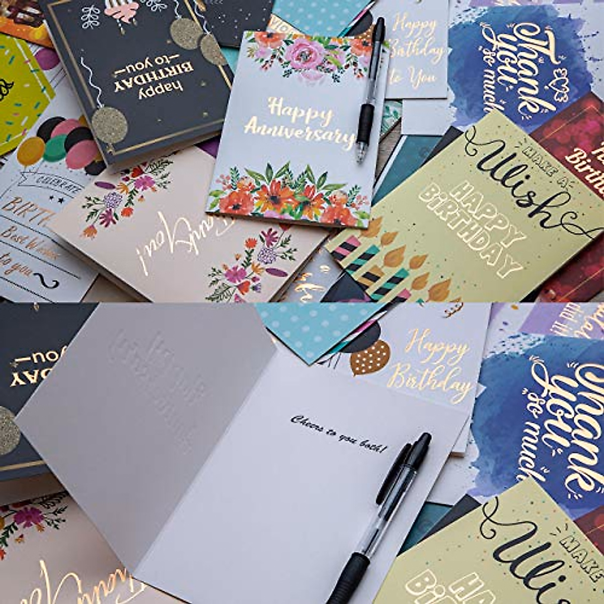 40 Unique Birthday Cards + 20 All Occasion Greeting Cards, Individually Packed Rose Gold Foil Large 5”x7” Thank You, Anniversary Cards, Simple Message Inside, Magnetic Box Variety Set w/Thick Envelope