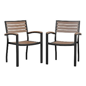 EMMA + OLIVER Stackable Aluminum Patio Chair - Set of 2 All-Weather Black Framed Side Chair with Faux Teak Slats - Commerical Grade