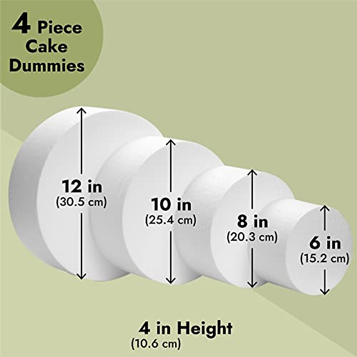 4-Piece Round Foam Cake Dummies for 16" Tall Fake Wedding Cake in 4 Sizes, for Decorating and Crafts, Baking Displays, Wedding Cake Design (6, 8, 10, and 12-Inch Sizes)