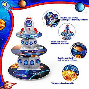 3 Tiers Rocket Space Station Cupcake Stand Outer Space Birthday Party Cardboard Cupcake Holder Decorations Galaxy Party Dessert Tower Solar System Party Supplies for Kids Space Themed Baby Shower