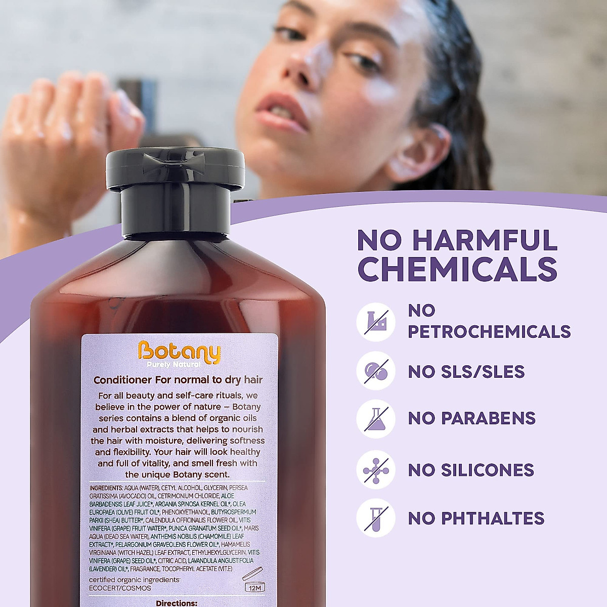 Botany Natural Conditioner for Normal to Dry Hair with Organic Argan Oil, Geranium, and Lavender - Vegan Conditioner for Women and Men SLS/SLES, Silicon, Paraben and Cruelty Free,17.6 oz