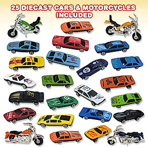 ArtCreativity Diecast Car and Motorcycle Toys, Set of 25, Cool Motorbike and Car Toys for Kids in Window Box, Fun Pretend Play Toys for Boys and Girls, Idea, Car Party Favors