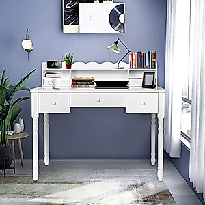 FUNKOCO White Writing Desk with Detachable Hutch& 5 Drawers,Modern Computer Workstation for Home Office,Vanity Table