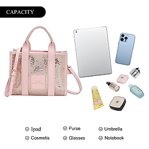 JQAliMOVV The Tote Bag for Women, Shining Leather Tote Bag Trendy Top Handle Crossbody Handbags for Work Travel (A-Pink)