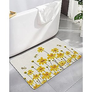 Yellow Floral Bath Mat for Tub,Non Slip Bathroom Floor Runner Rug Quick Dry & Absorbent Diatomaceous Earth Kitchen Room Shower Sink Washable Doormat,Summer Spring Bee Rustic Chic Watercolor 16"x24"