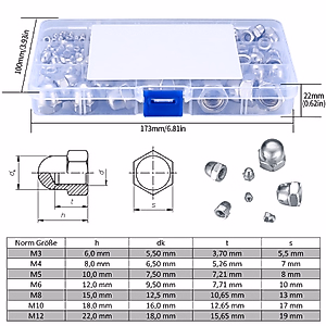 Hex Acorn Bolt Covers, 165pcs Acorn Cap Nuts, Black Dome Nut Caps, Stainless Steel Dome Acorn Bolt Cup Nuts Protector Caps for Protection Threads Rods Bolts, M3 M4 M5 M6 M8 M10 M12 (Silver)