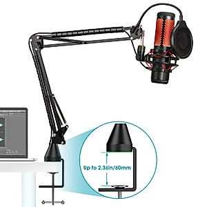 YOUSHARES Upgraded Quadcast Mic Stand with Pop Filter - Scissor Mic Boom Arm and 3 Layers Windscreen Compatible with HyperX Quadcast S Microphone to Improve Sound Quality