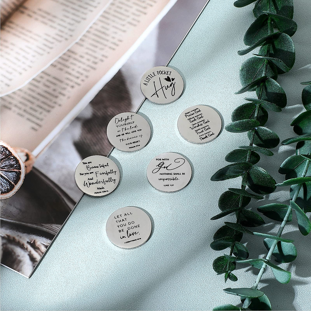 6 Pieces Inspirational Gift Hug Tokens Keepsake Christian Bible Verses Quotes Stainless Steel Coin Double Sided Silver Tokens Black PU Leather Key Chains for Family Pastor Clergy Appreciation Day