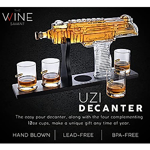 Uzi Submachine Gun Whiskey Gun Decanter and 4 Liquor Glasses - Tik Tok Gun Decanter & Glass Set - Gun Gifts for Men - Whiskey Decanter Set - Bourbon & Scotch Decanter - Firearm Shooting Gifts for Dad