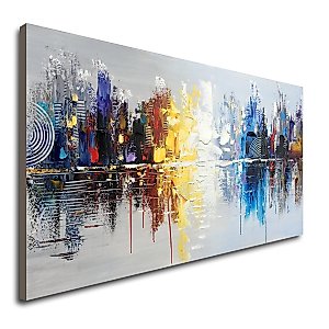 Hand Painted Cityscape Modern Oil Painting on Canvas Reflection Abstract Wall Art Decor (48 x 24 inch)
