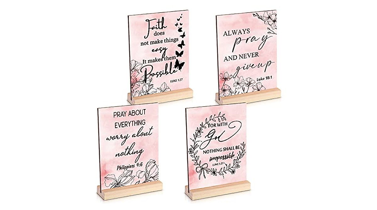 Inspirational Christian Desk Decor - Set of 4 Pink Bible Quotes