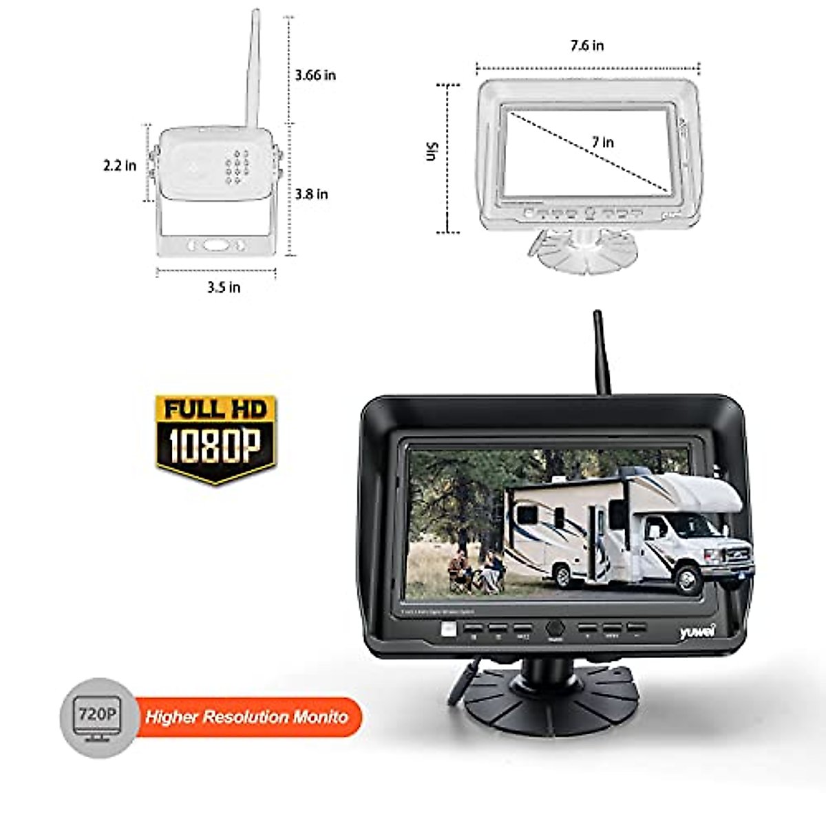 Yuwei Digital Wireless Backup Camera System Kit, AHD1080P, Wireless Rear View Camera and 7'' LCD Wireless Reversing Monitor for Trailer, RV, Bus, Trucks, Horse-Trailer, School Bus, Farm Machine,etc
