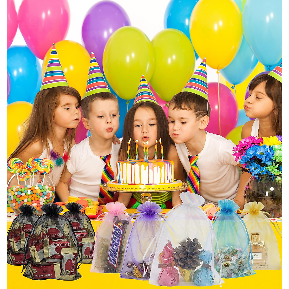 Jexila 120PCS Sheer Organza Bags 5X7 inches Mesh Drawstring Gift Bags Small for Jewelry Wedding Party Baby Shower Favor Bags (Rainbow 5X7)