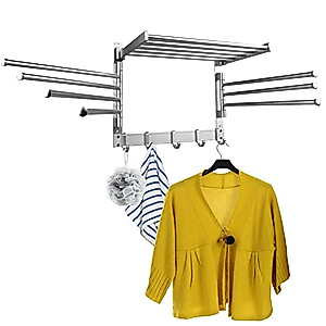 Laundry Clothes Drying Rack, Foldable Wall Mounted Drying Rack, Swivel Towel Rack with 5 Coat Hooks & 7 Swing Arms, Space Aluminum Drying Rack for Laundry Room Organization and Bathroom (Silver 7rods)