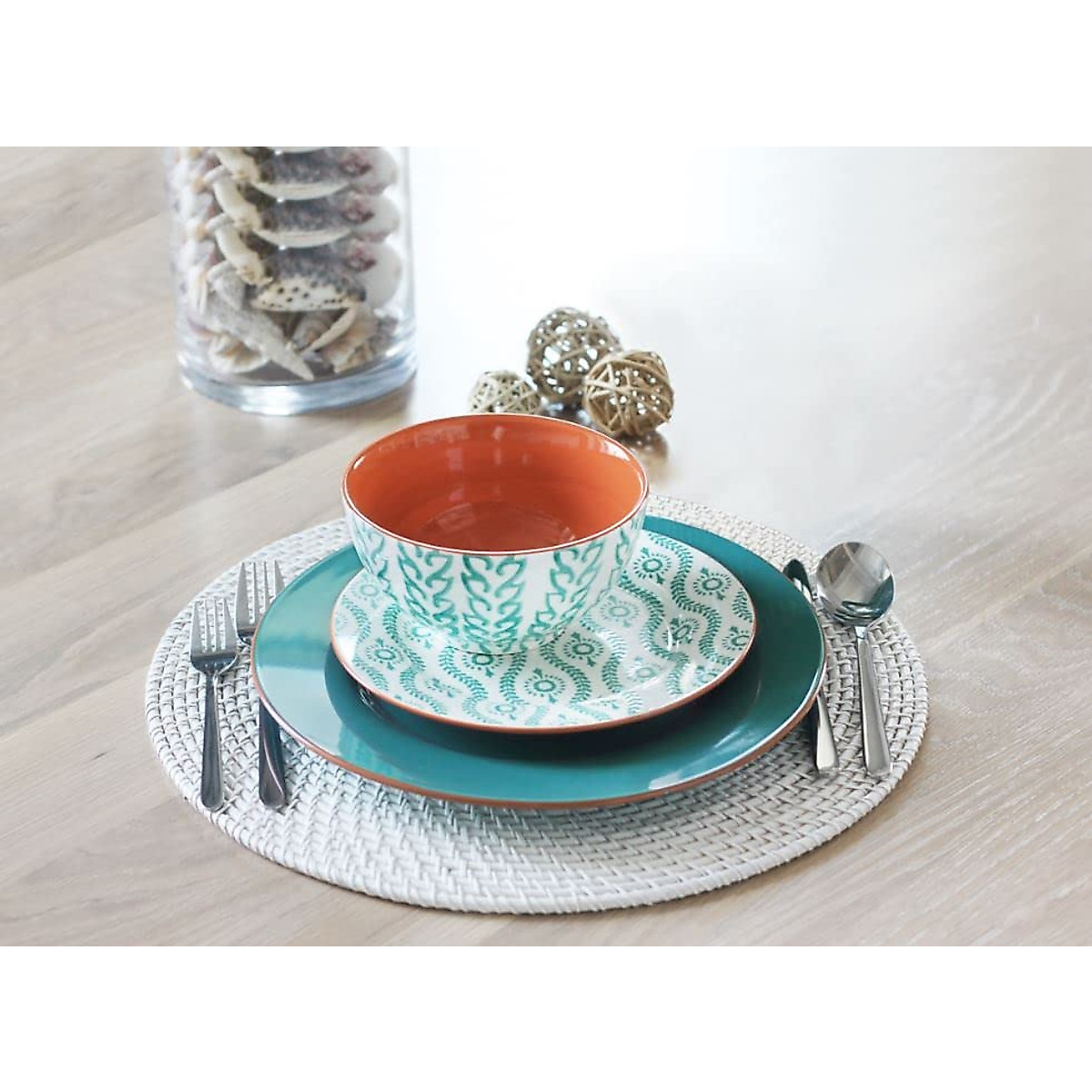 BAUM Essex - Dinnerware Sets, Dish Set for 4, Beautiful Home Decor includes Dinner Plates, Salad Plates, Bowls, and Mugs (Sahara Turquoise) (TTANGT16), 16pc
