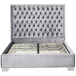 Meridian Furniture Lexi Collection Modern | Contemporary Velvet Upholstered Bed with Deep Tufting, Polished Chrome Stainless Steel Frame and Legs, Queen, Grey