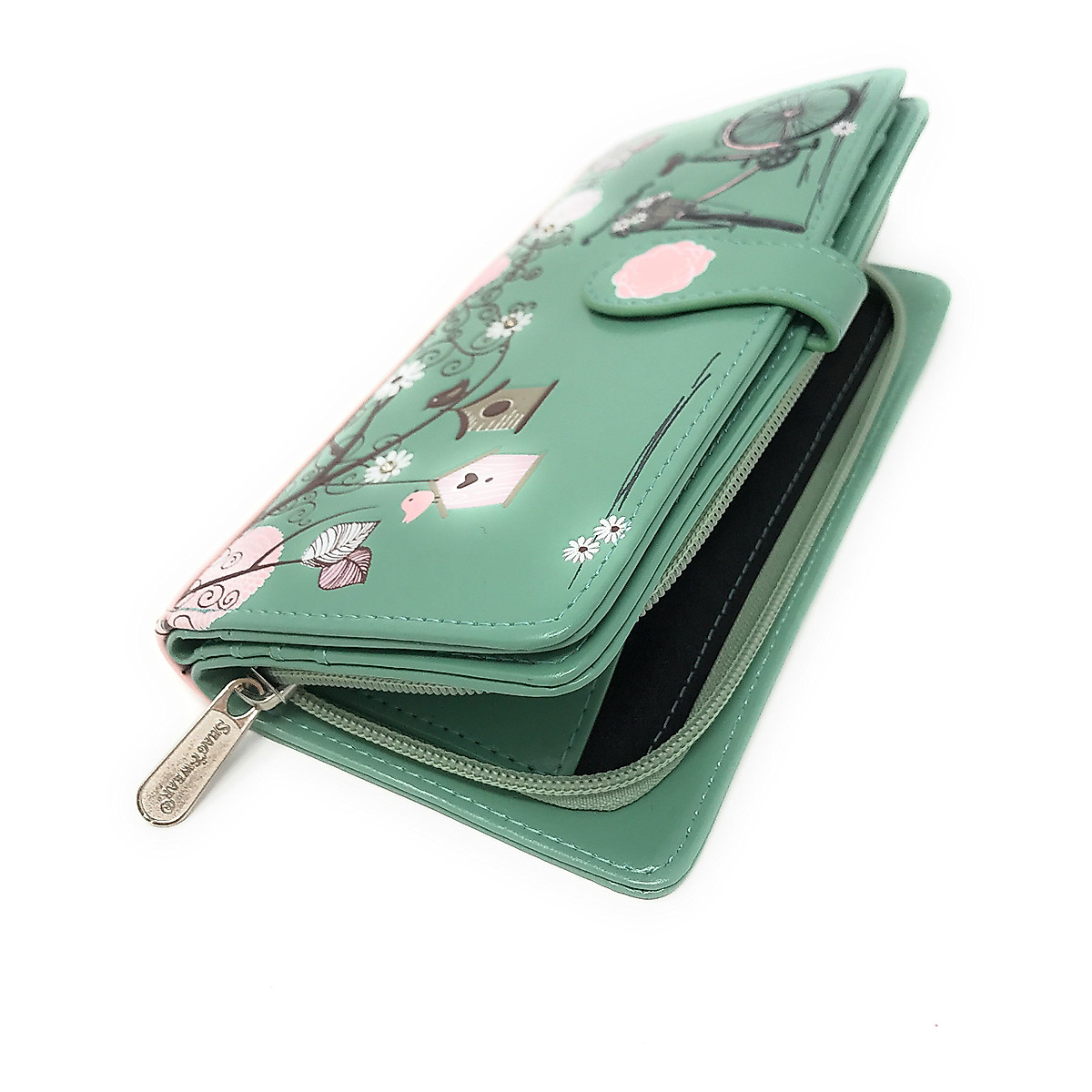 Shag Wear Vintage Postcard Floral Bicycle Large Wallet for Women and Teen Girls Vegan Faux Leather Teal 7"