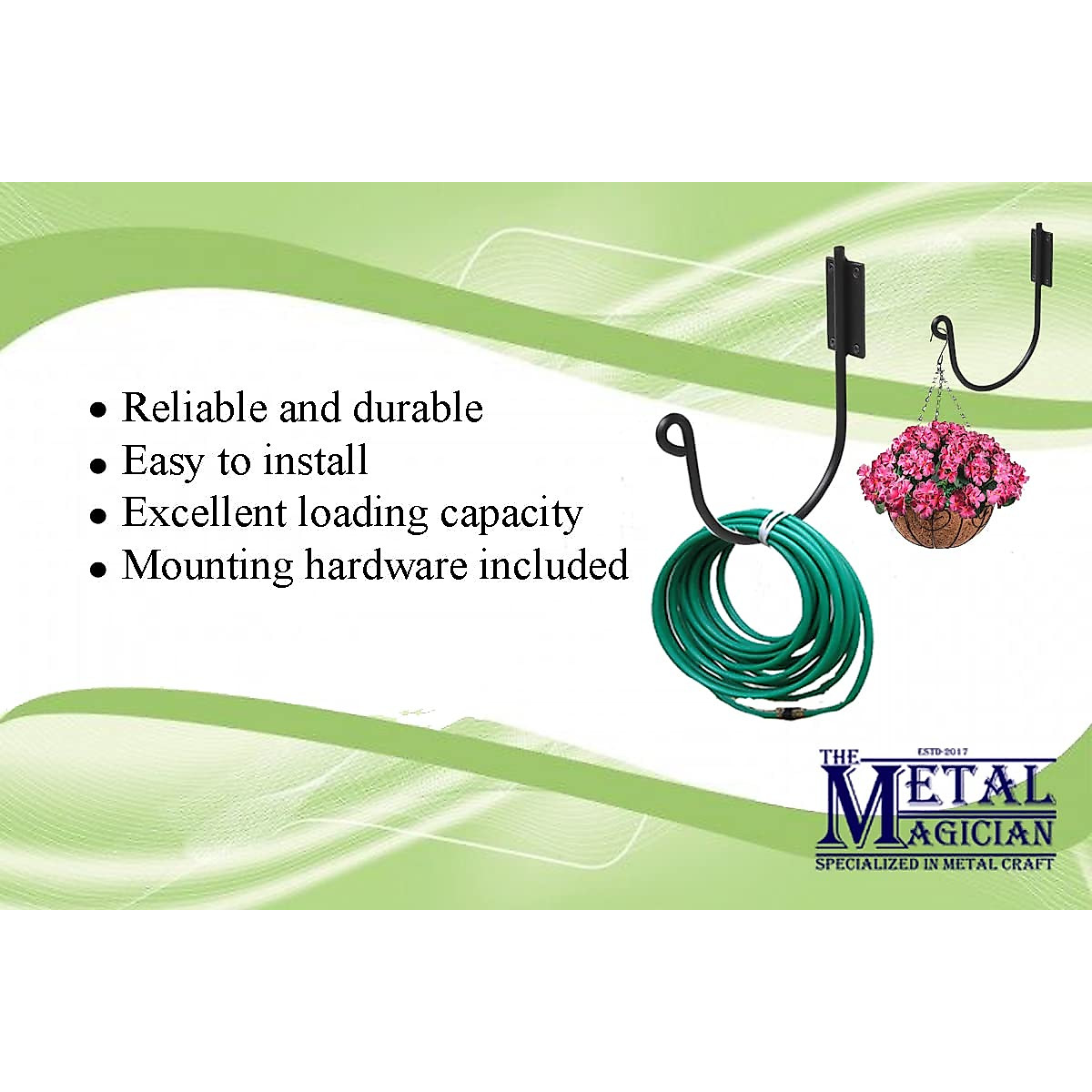 The Metal Magician Garden Hose Holder Wall Mounted Water Pipe Hanger Heavy Duty Metal Pipe Hook for Outside Yard Ideal for Extension Cords, Ropes (Black) (Hose Hook)