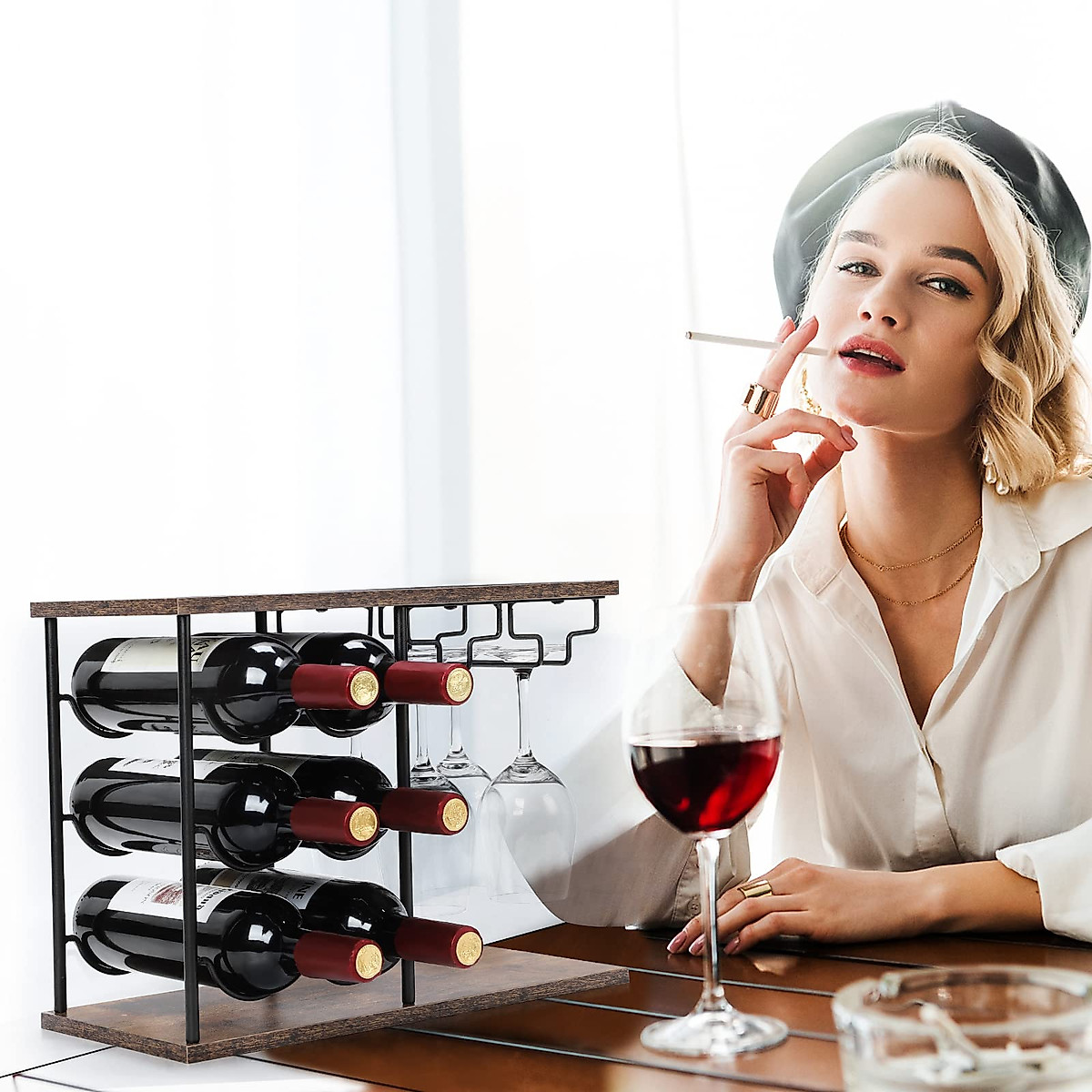 MOOACE Countertop Wine Rack, Hold 6 Wine Bottles and 4 Glasses Rack, Freestanding Wine Rack for Home, Kitchen, Bar Table, Wine Cellar, Cabinet